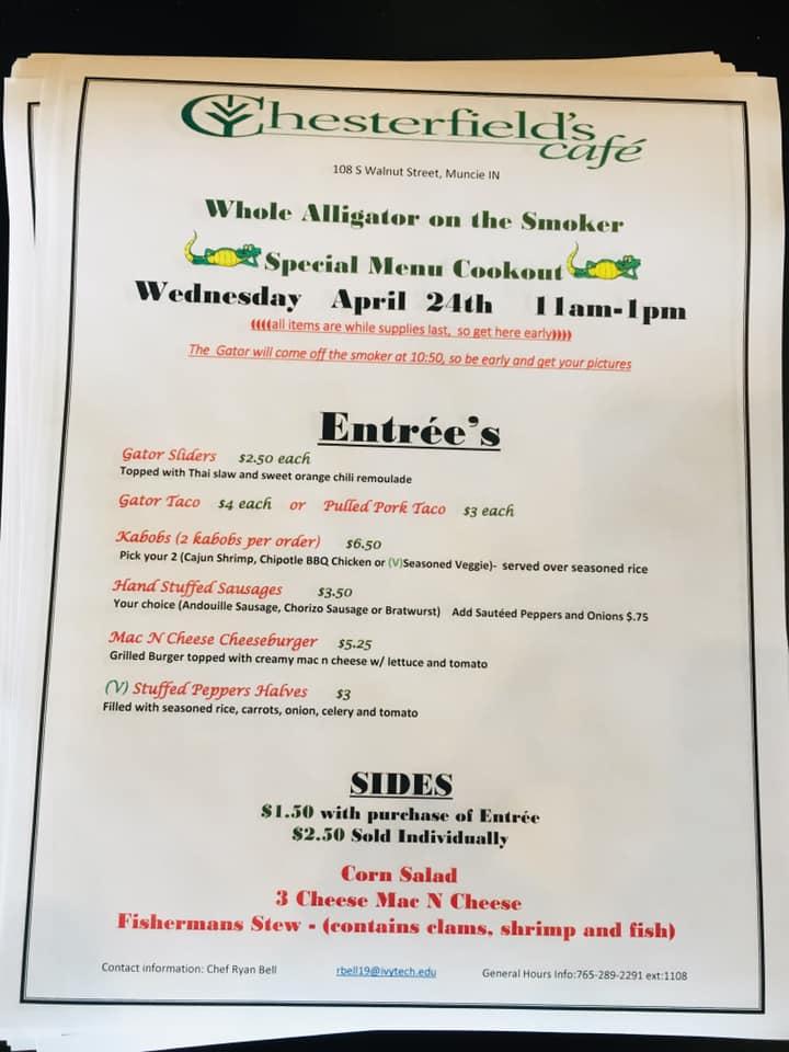 Menu at Chesterfield's cafe, Muncie