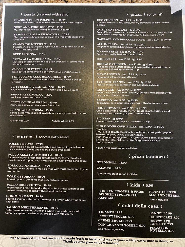 Menu at Don Giovanni Contemporary Italian and Pizzeria, Port Orange