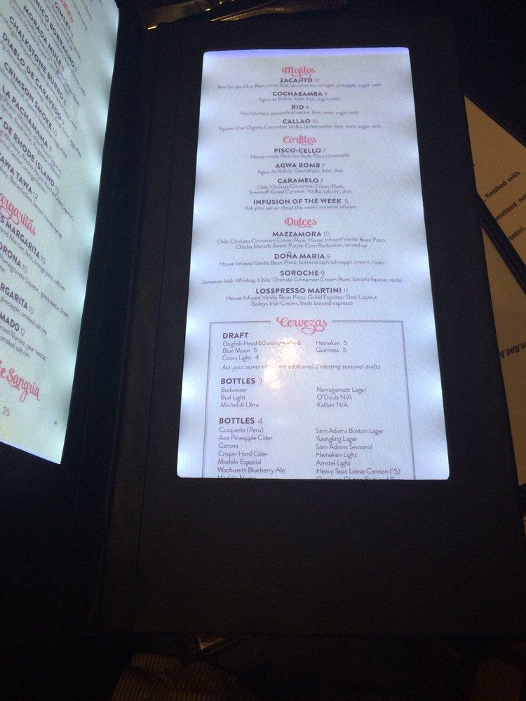 Menu at Los Andes restaurant, Providence