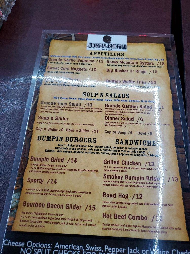 Menu at Bumpin Buffalo Bar and Grill, Hill City