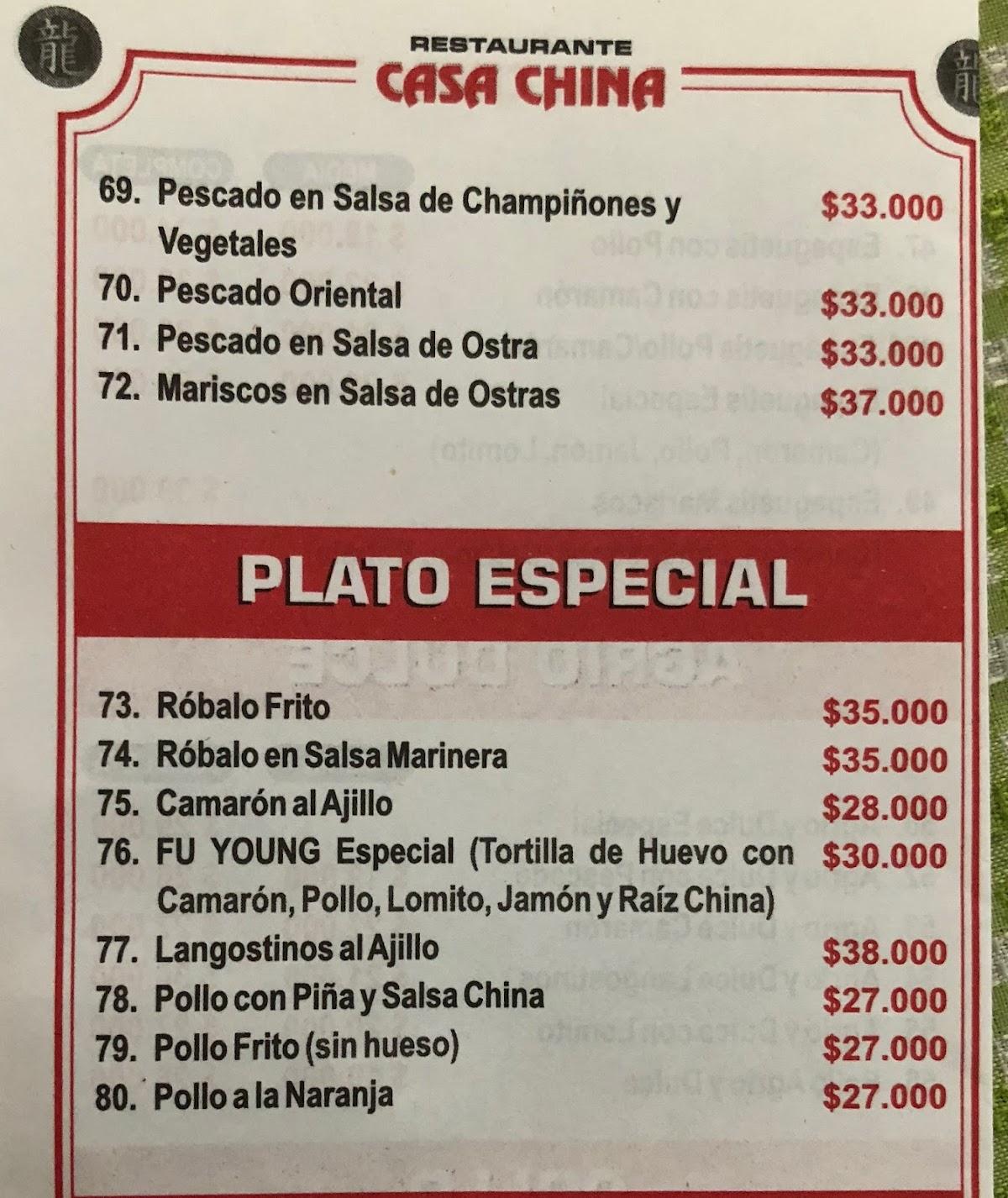 Carta del restaurante Casa China, Bucaramanga