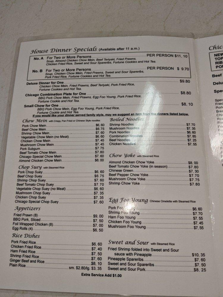 Menu at Chicago Café restaurant, Woodland