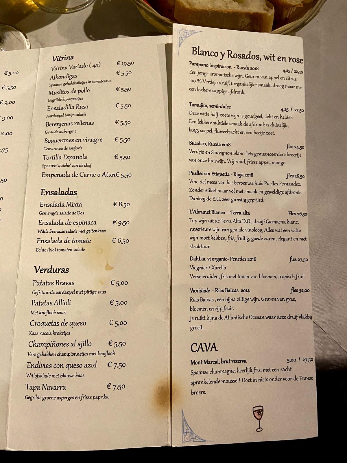 Menu at Duende Dos, Amsterdam