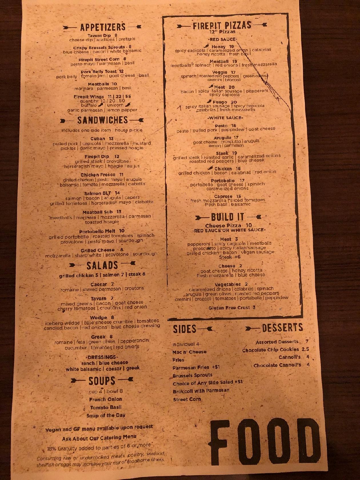 Menu at Firepit Pizza Tavern pizzeria, Atlanta