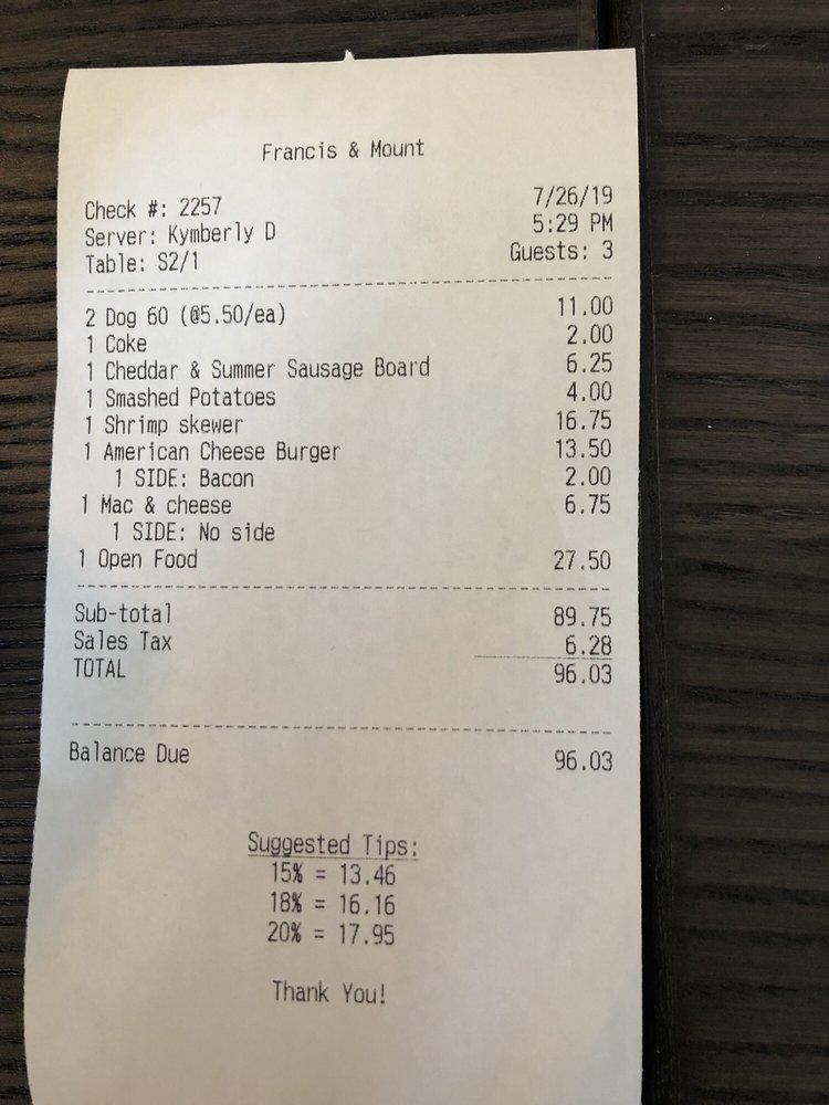 Menu at Francis & Mount pub & bar, Crawfordsville