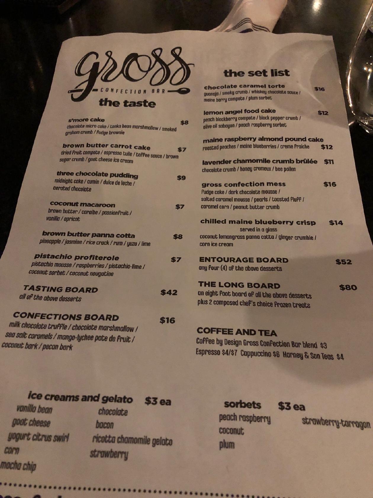 Menu at Gross Confection Bar, Portland, 172 Middle St