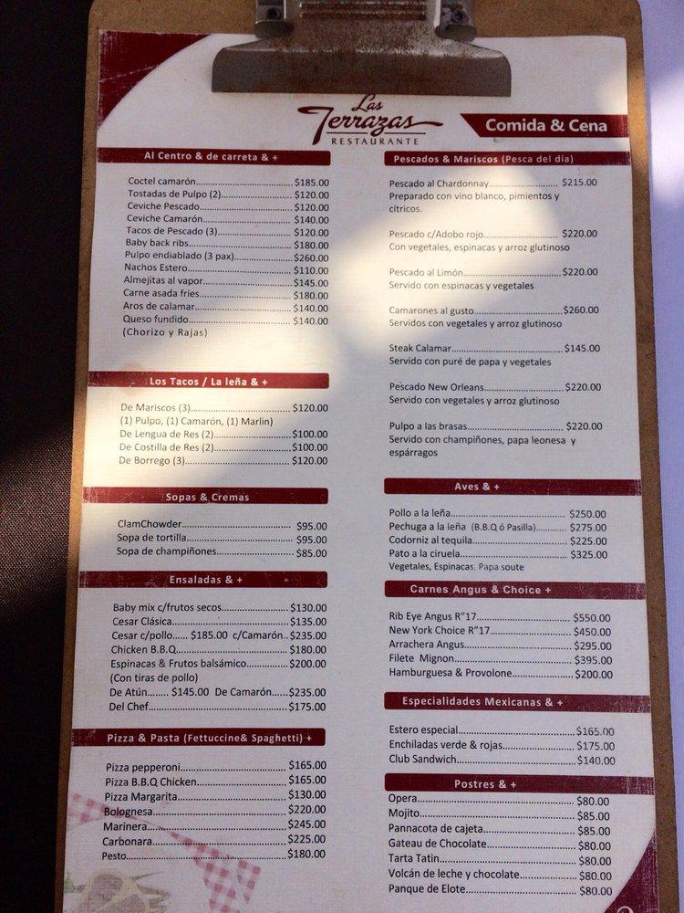 Menu at Las Terrazas restaurant, Ensenada