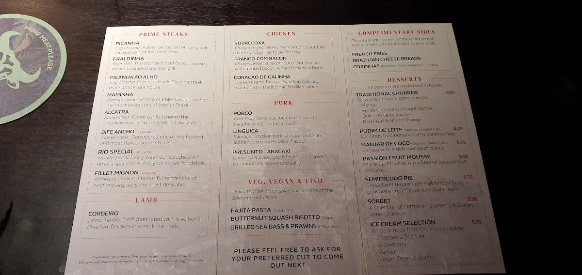 Menu at Rio Brazilian Steakhouse, Newcastle upon Tyne