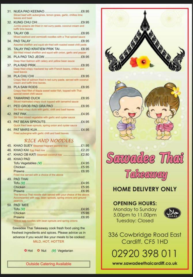 Menu at Sawadee Thai restaurant, Cardiff