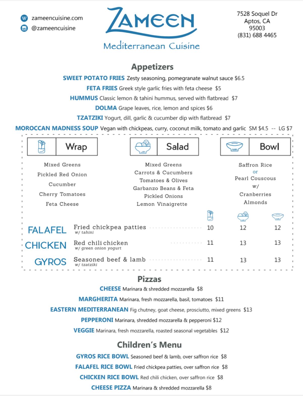 Menu at Zameen Mediterranean Cuisine restaurant, Aptos
