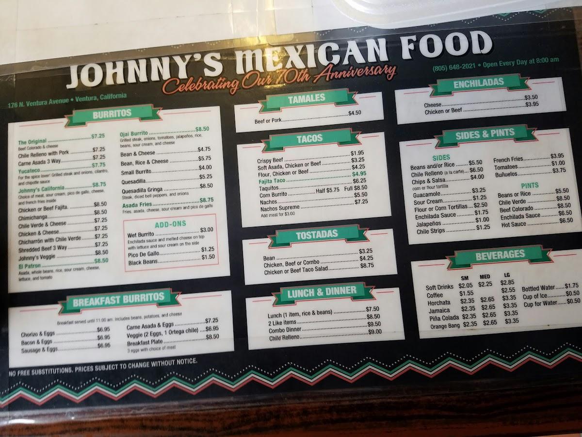 Menu at Johnny's Mexican Food restaurant, Ventura