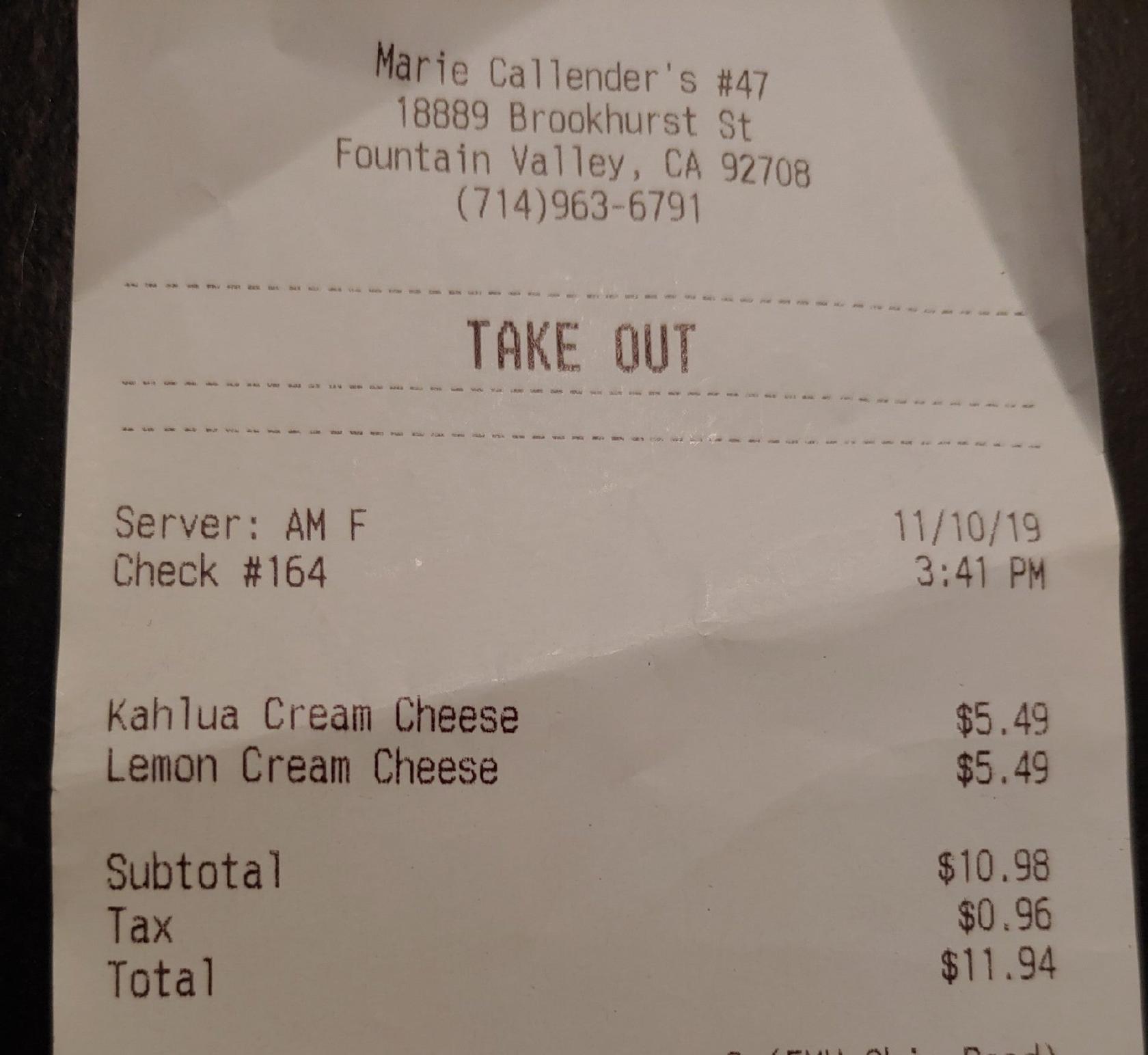 Menu at Marie Callender's restaurant, Fountain Valley