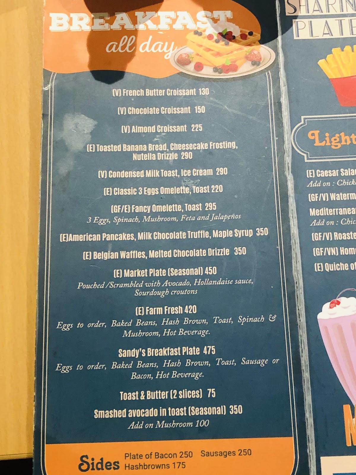 Menu at Sandy's Chocolate Laboratory, Chennai, Survey no