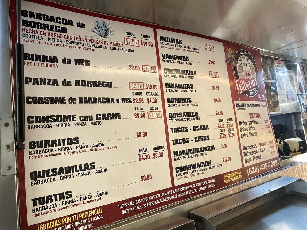 Menu at Taquizas Gilberto restaurant, La Puente, Francisquito Ave