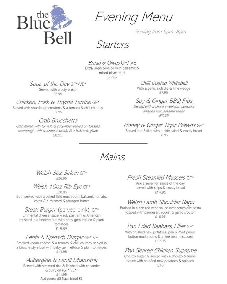 Menu at The Blue Bell Bistro pub & bar, New Quay