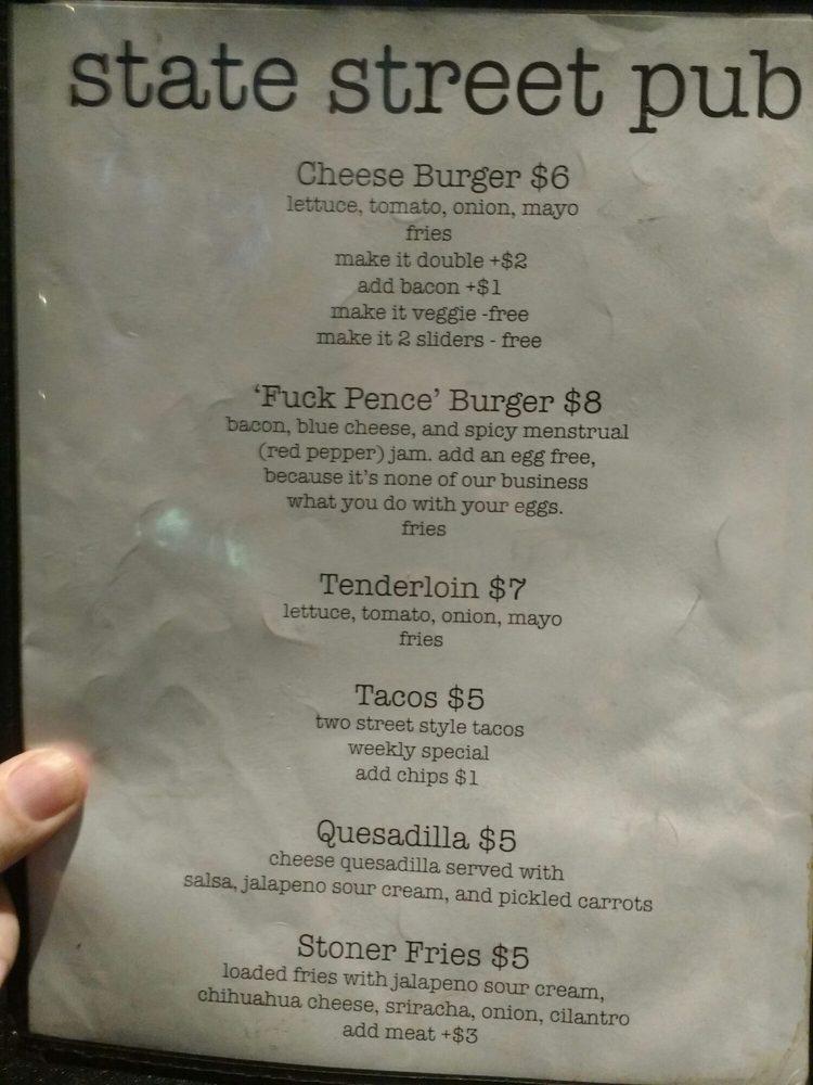 Menu at state street pub, Indianapolis