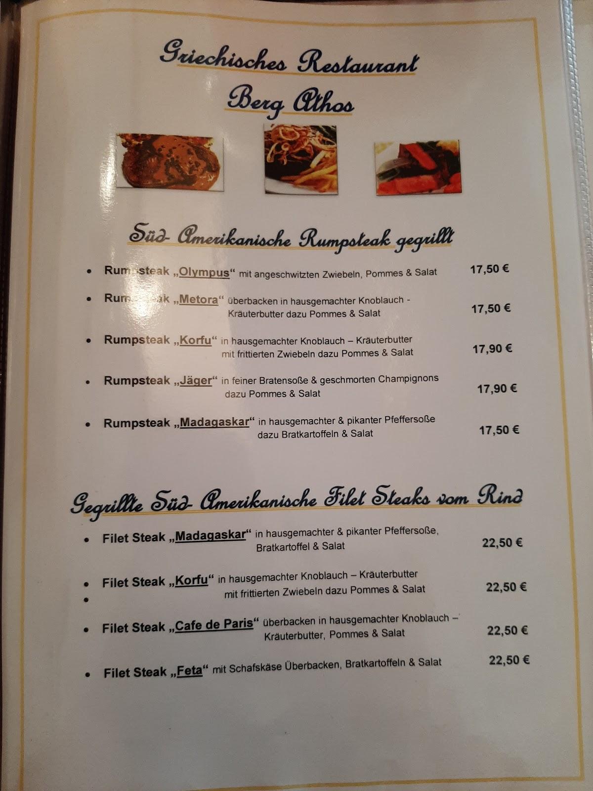Menu at Berg Athos restaurant, Kaiserslautern
