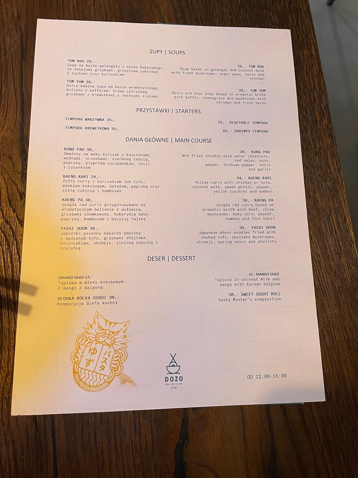 Menu at Dozo Asia Food & Bar, Kraków
