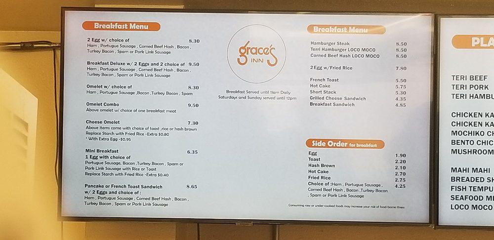 Menu at Grace's Inn fast food, Honolulu, S Beretania St. # 101