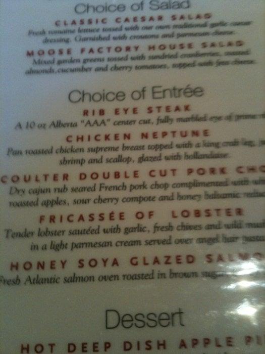 Menu at Moose Factory steakhouse, Edmonton