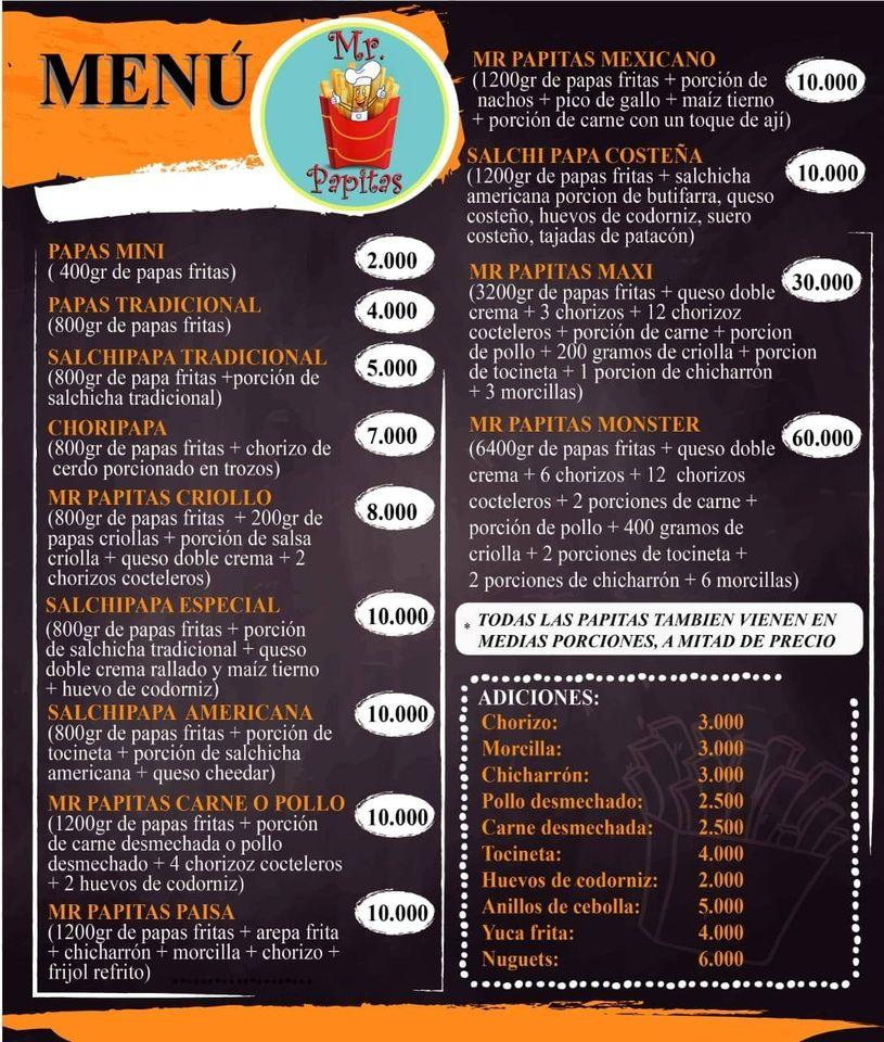 Menu at Mr. Papitas, Mosquera