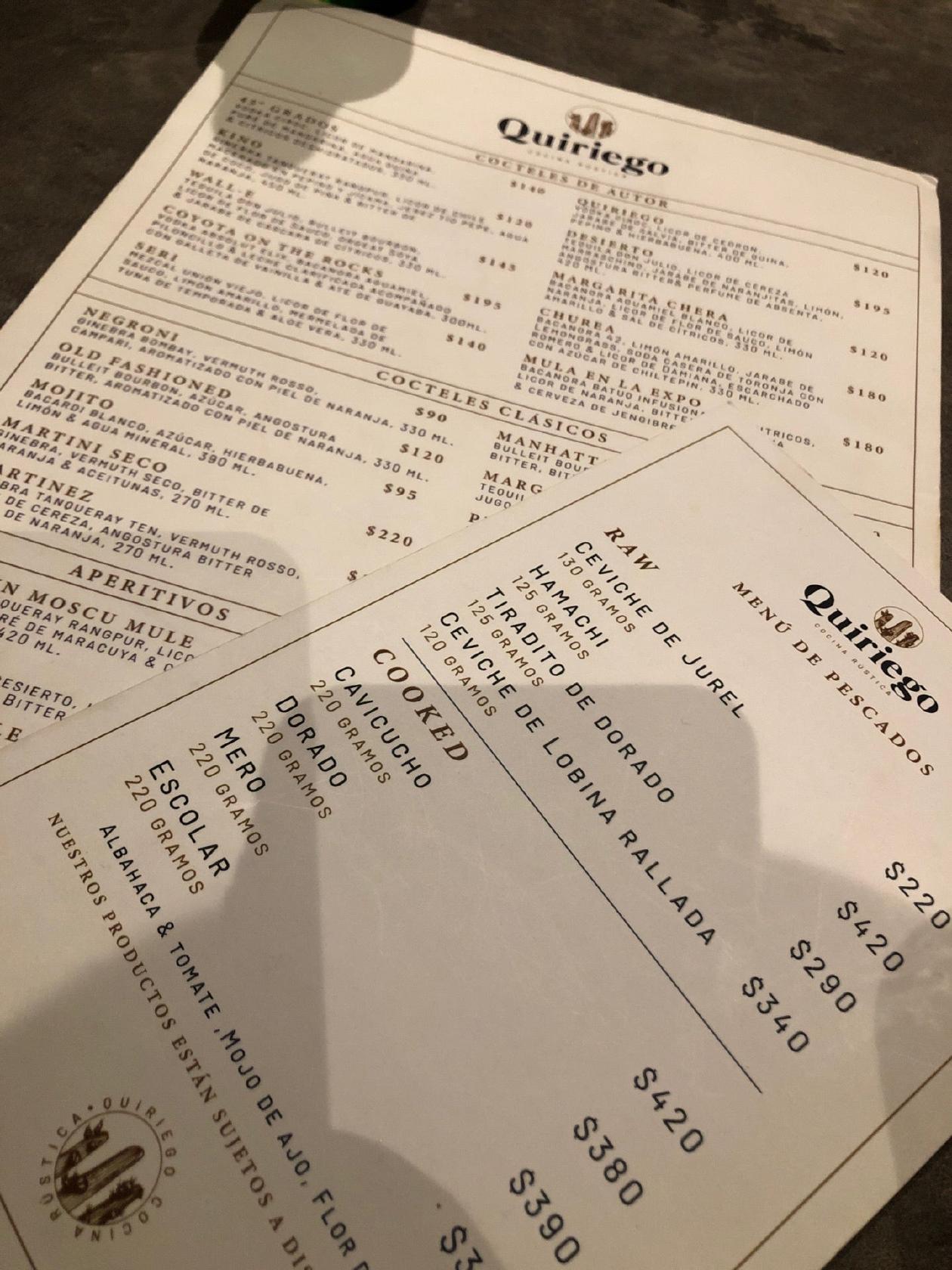Carta de Quiriego Restaurante, Hermosillo
