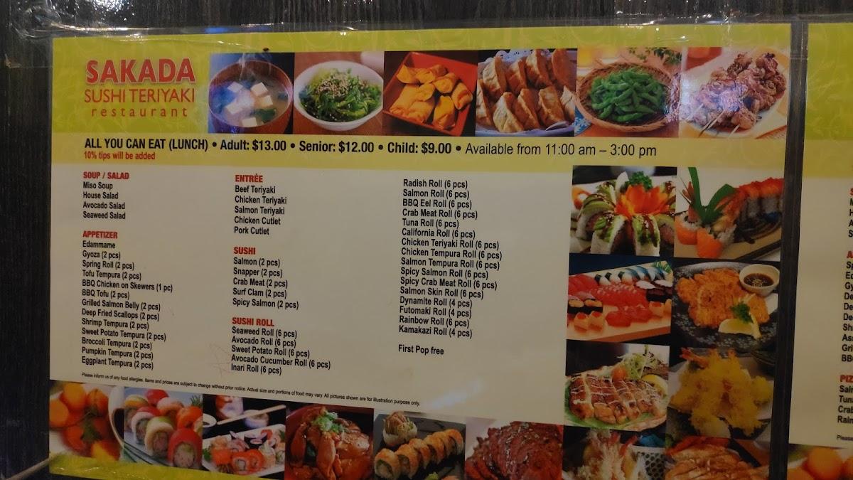 Menu at Sakada Sushi Teriyaki Restaurant, Pickering