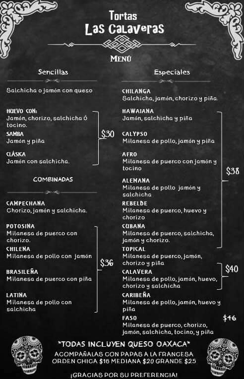 Menu at Tortas Las Calaveras restaurant, Merida
