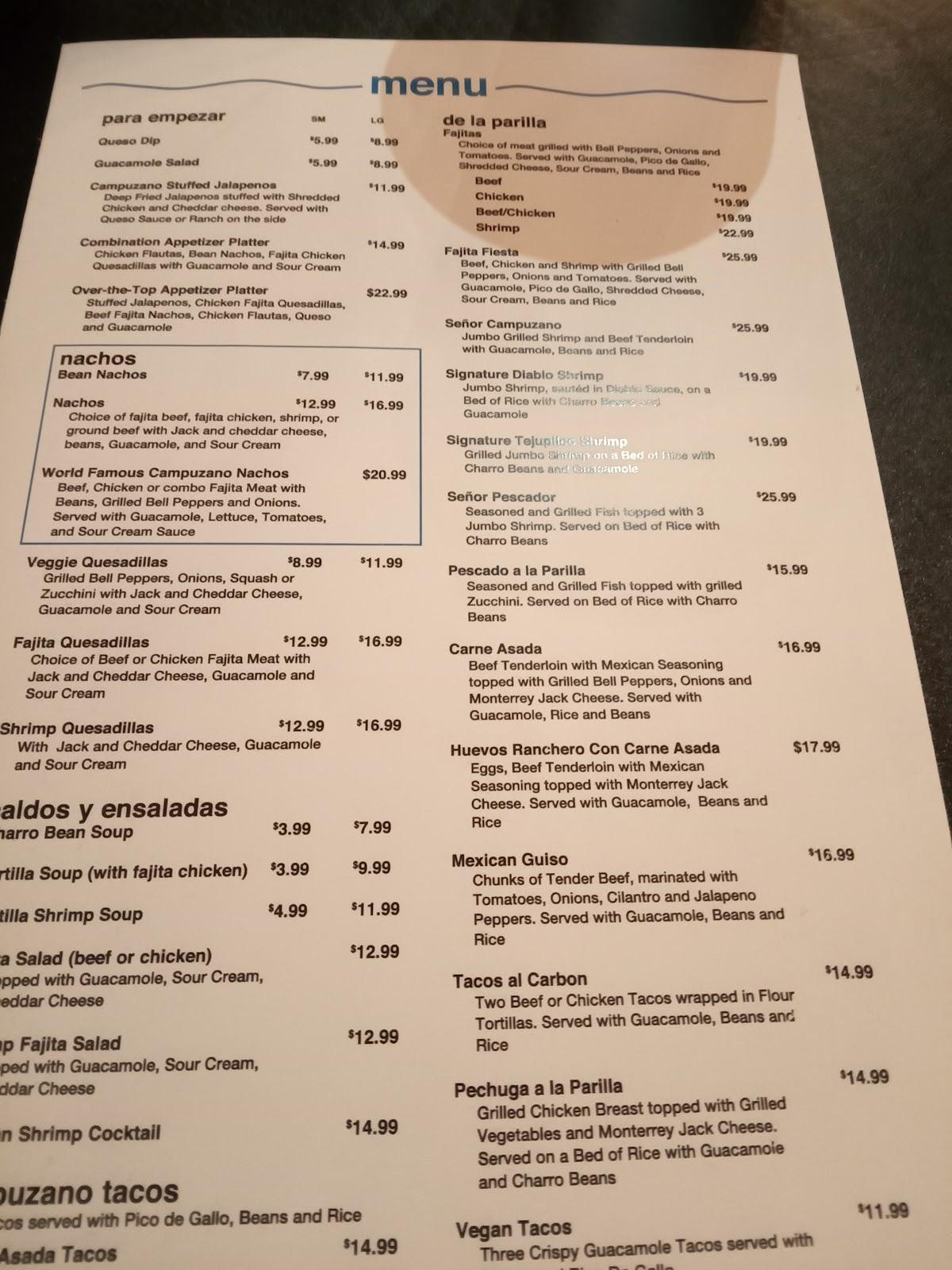 Menu at Campuzano Fine Mexican Food pub & bar, Midlothian, 108 N 8th St