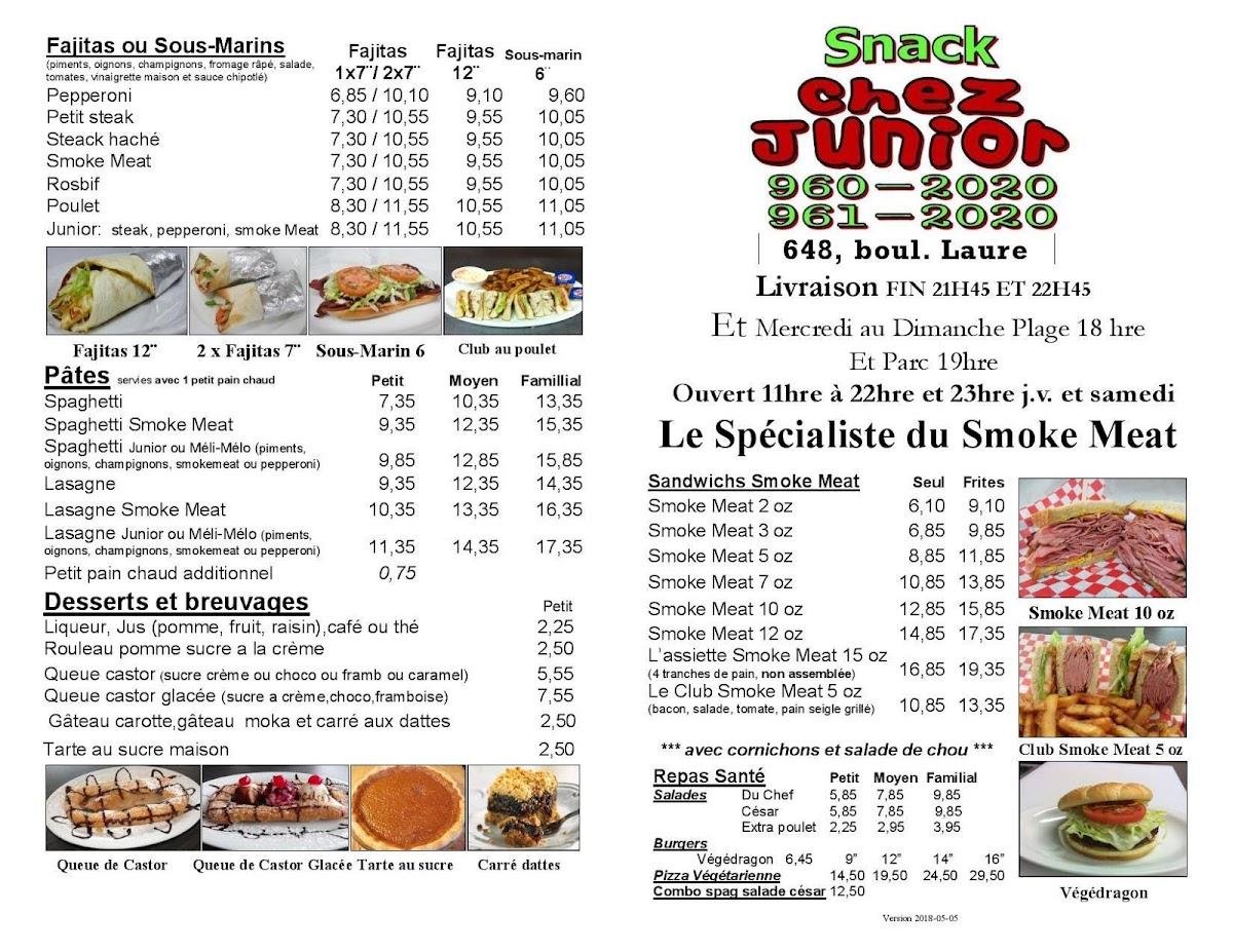 Menu au Snack chez Junior 2013 inc restaurant, Sept-Iles
