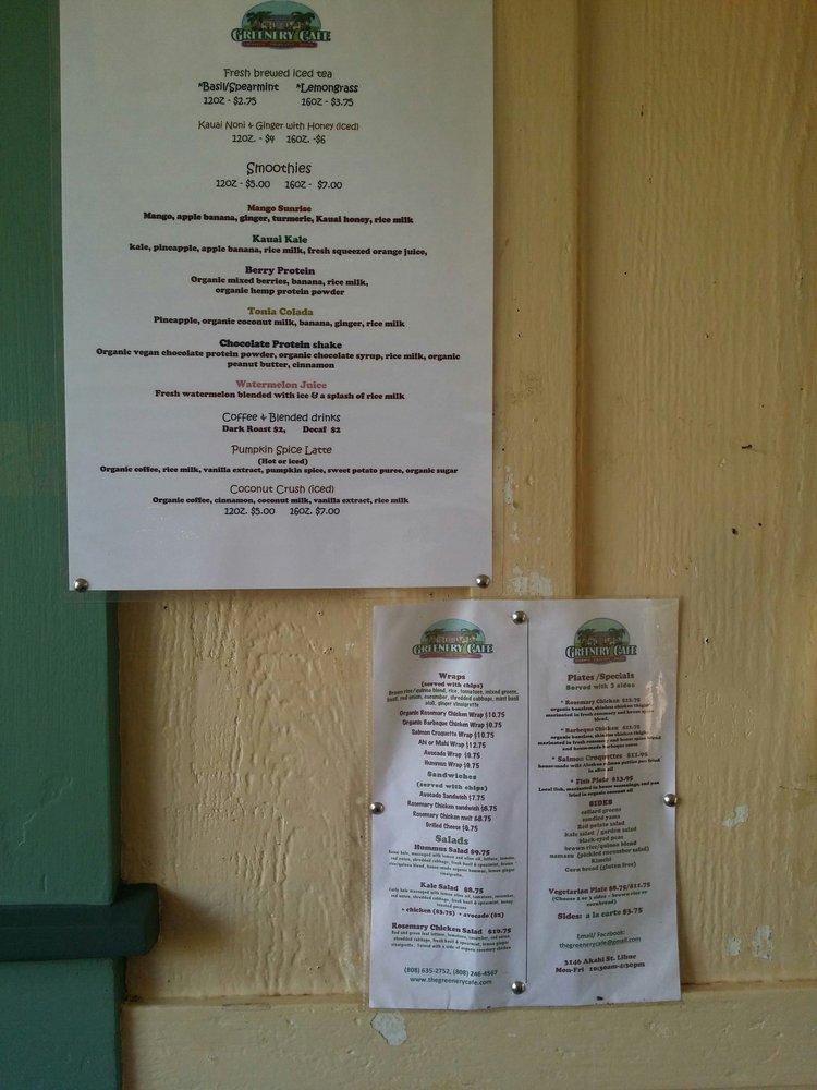 Menu at The Greenery Cafe, Lihue