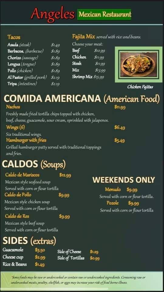 Menu at Angeles Mexican Restaurant, Krum