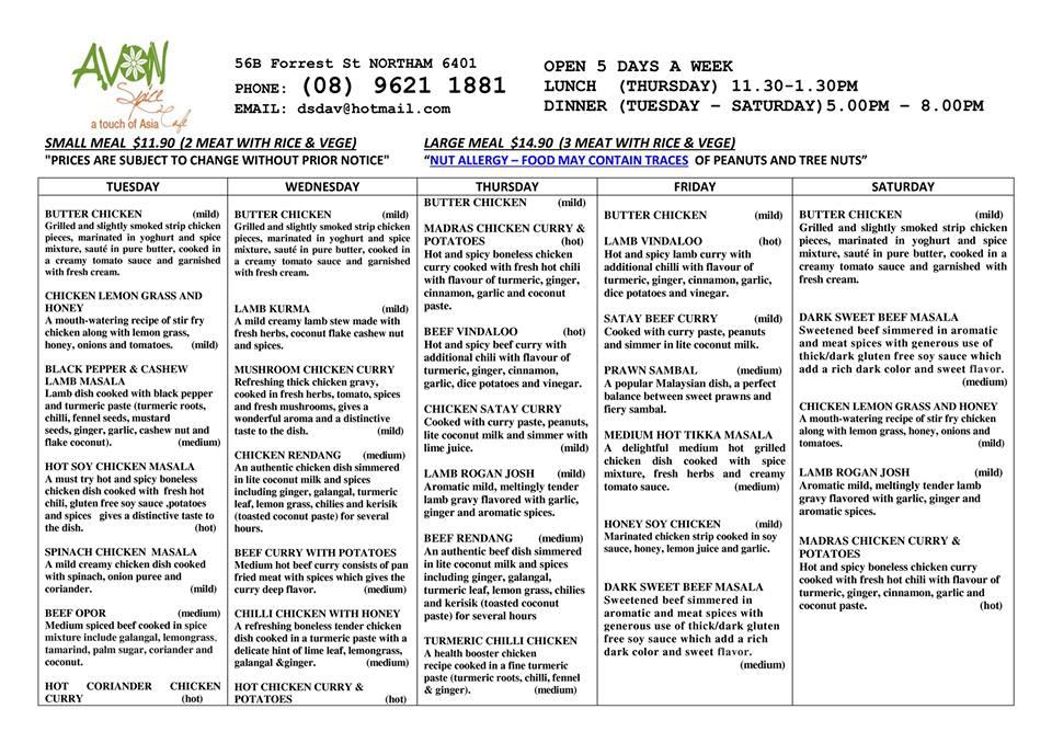 Menu at Avon Spice restaurant, Northam
