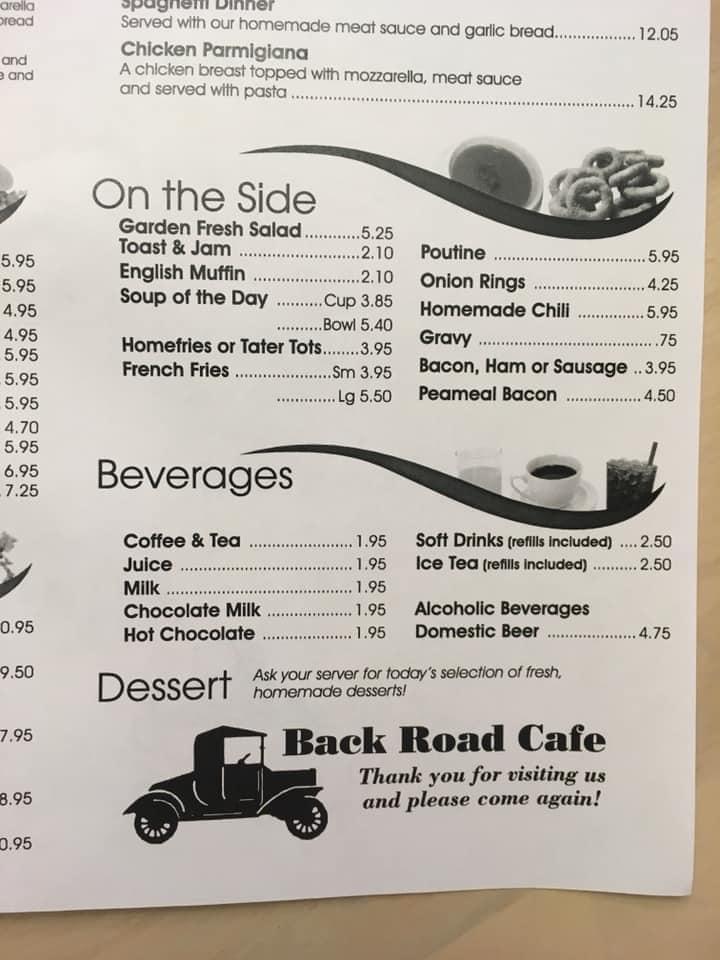 Menu at Back Road Cafe, Windsor