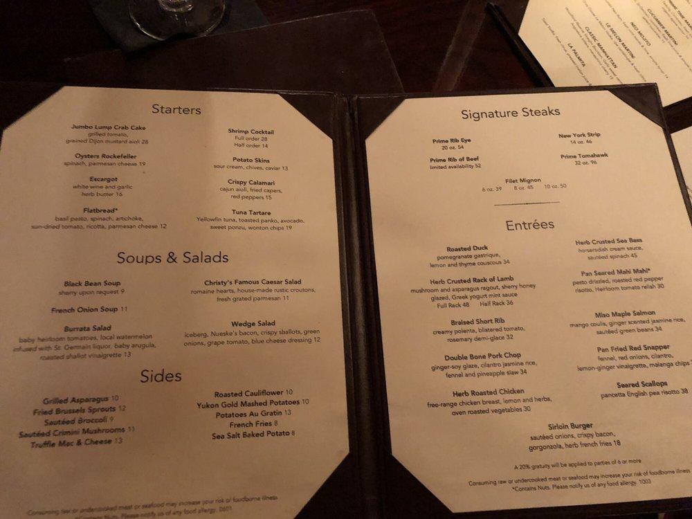 Menu at Christy's Restaurant, Coral Gables