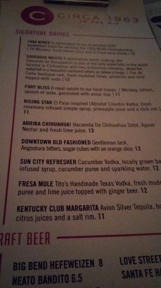 Menu at Circa 1963 pub & bar, El Paso