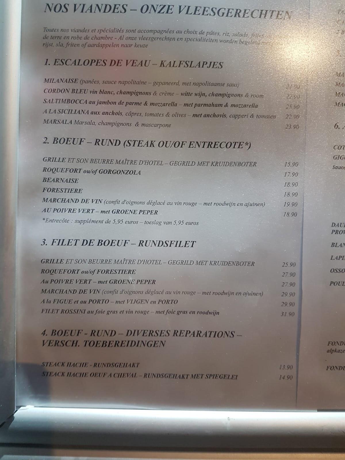 Menu at Le Gourmet, Blankenberge