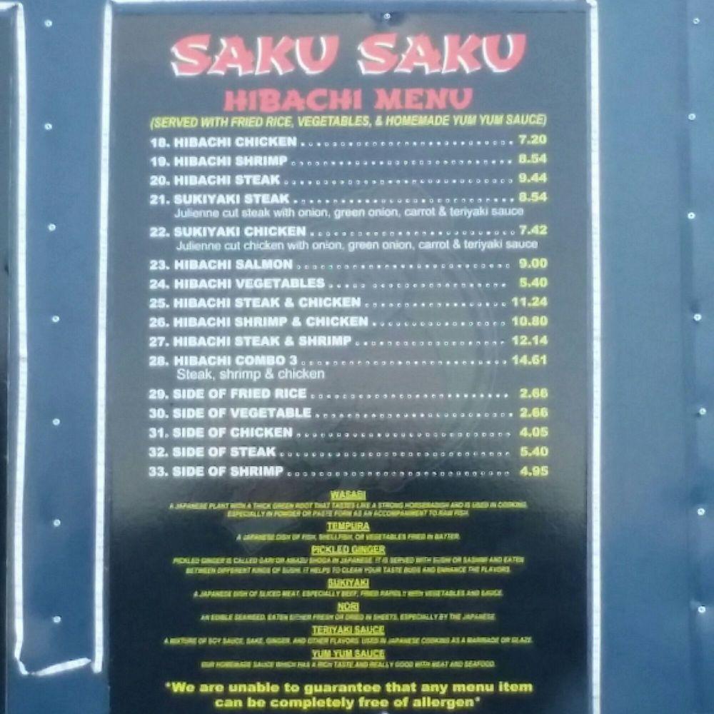Menu at Saku Saku Hibachi Grill restaurant, Van Buren, Fayetteville Rd