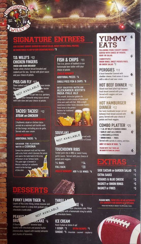 Menu at Touchdown Willy's Tap & Grill pub & bar, Smithville
