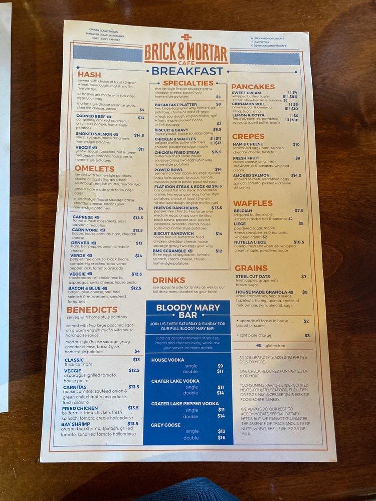 Menu at Brick & Mortar Café cafe, Albany