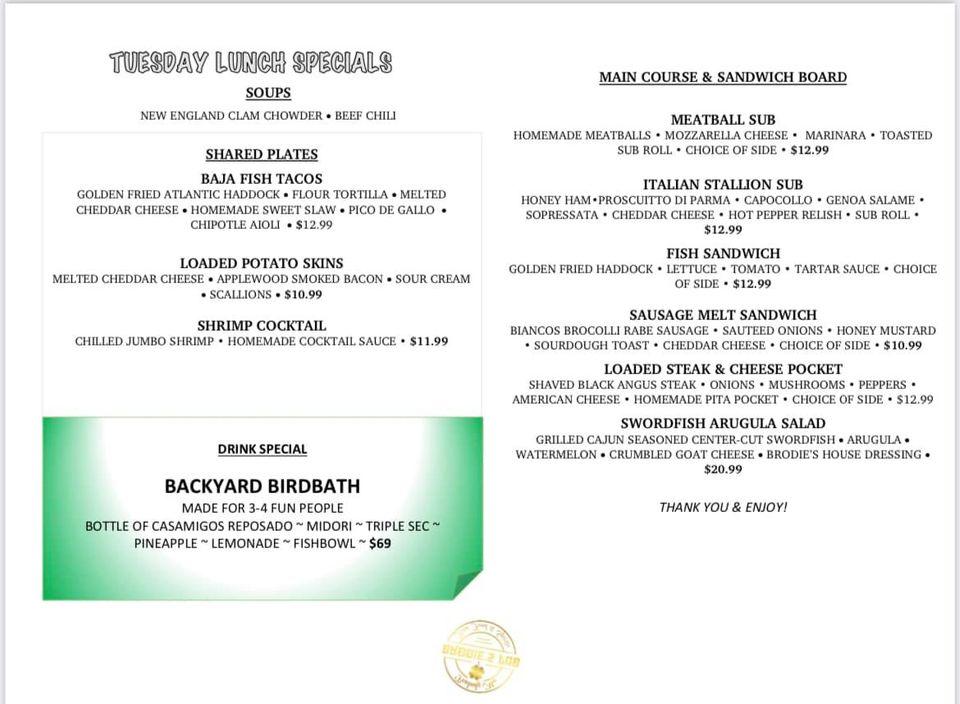 Menu at Brodie's Pub, Peabody