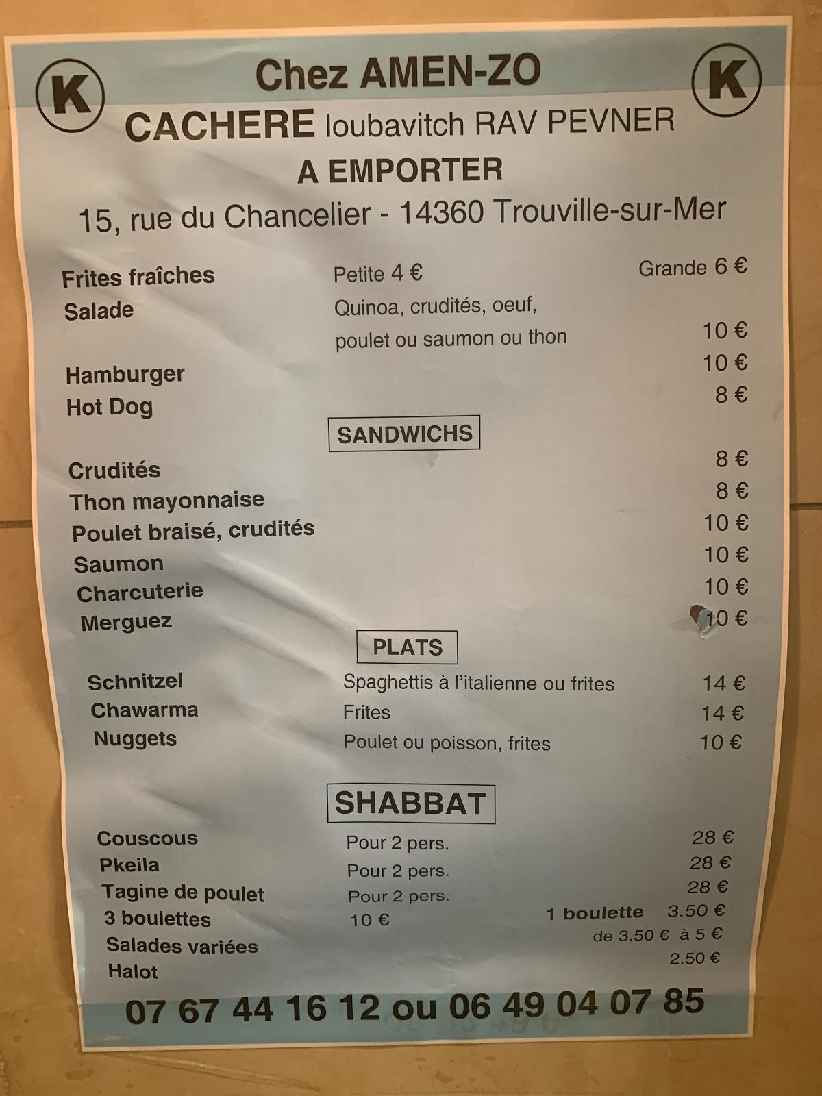 Menu at Chez Amen-zo restaurant cacher, Trouville-sur-Mer