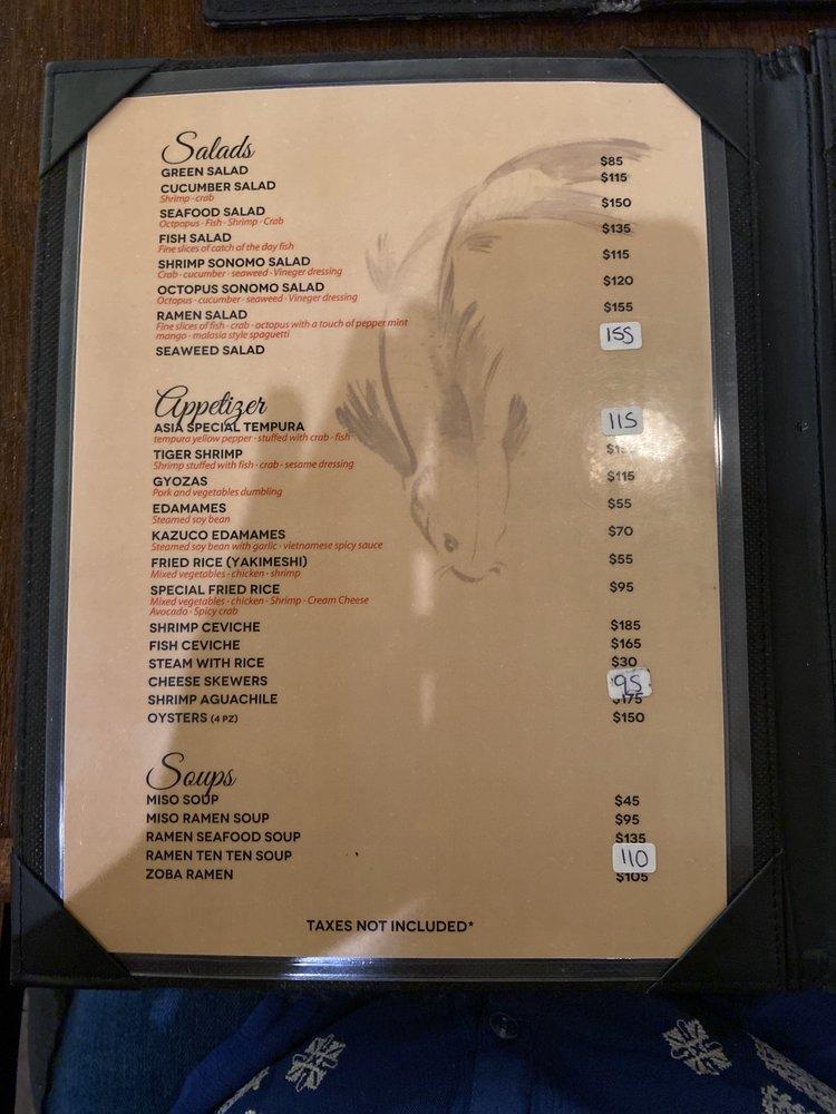 Menu at Koi Sushi restaurant, Cabo San Lucas, Carretera Transpeninsular