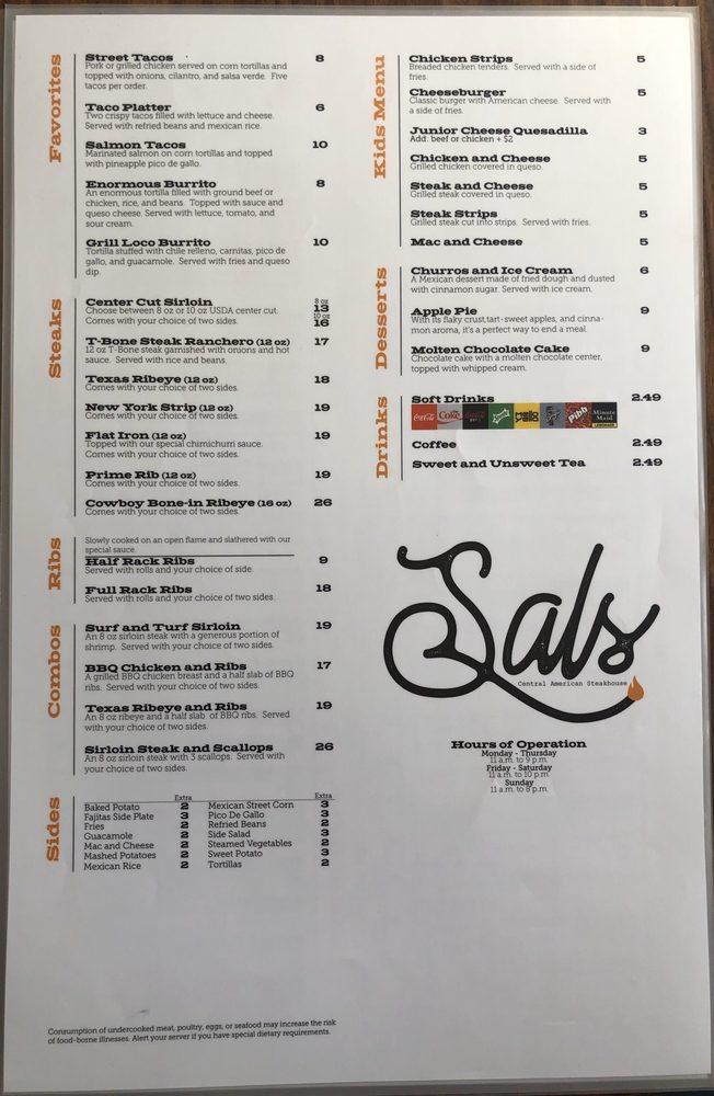 Menu at SAL'S STEAK & RIBS CENTRAL AMERICA STEAKHOUSE, Pikeville