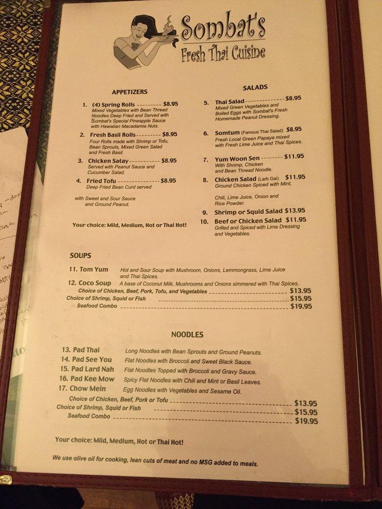 Menu at Sombat's Fresh Thai Cuisine restaurant, Hilo