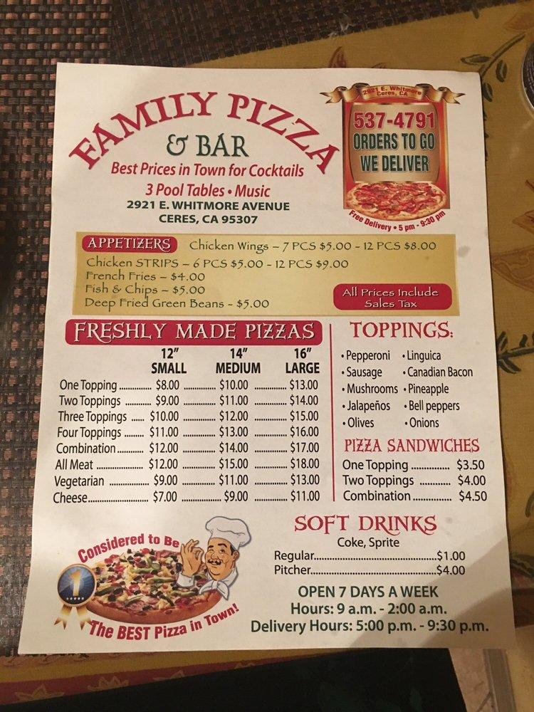 Menu at Family Pizza & Cocktail Lounge pizzeria, Ceres, E Whitmore Ave
