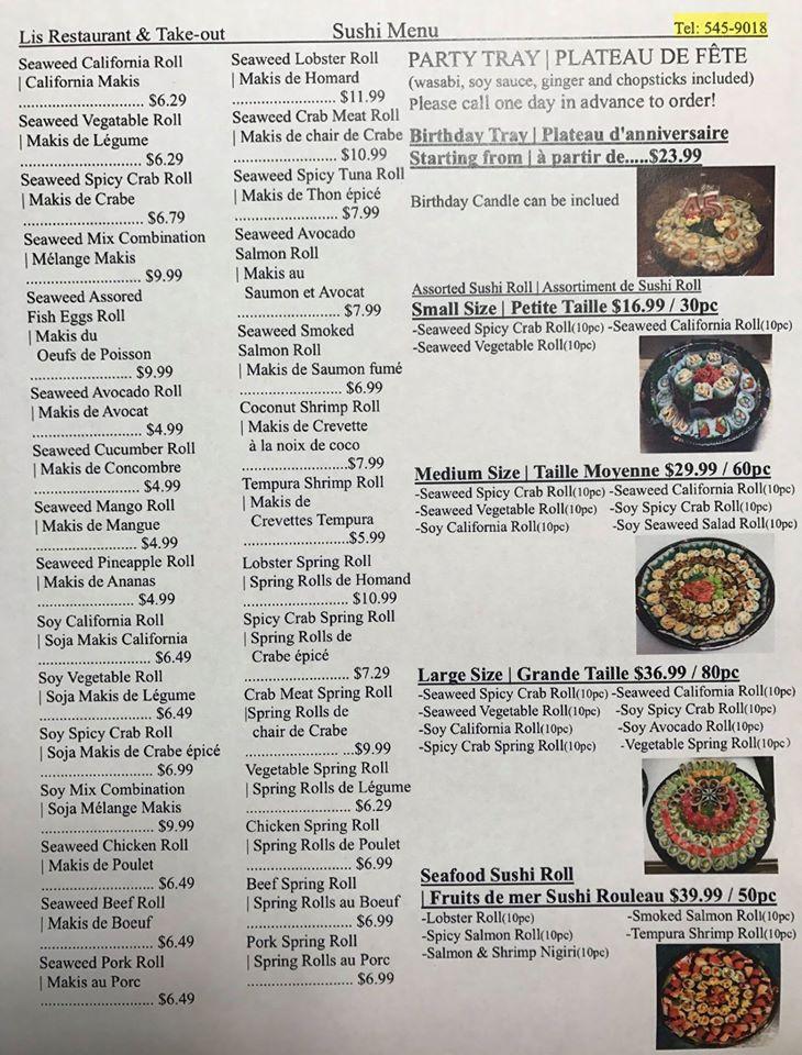 Menu at Lis Restaurant & Take Out, Bathurst
