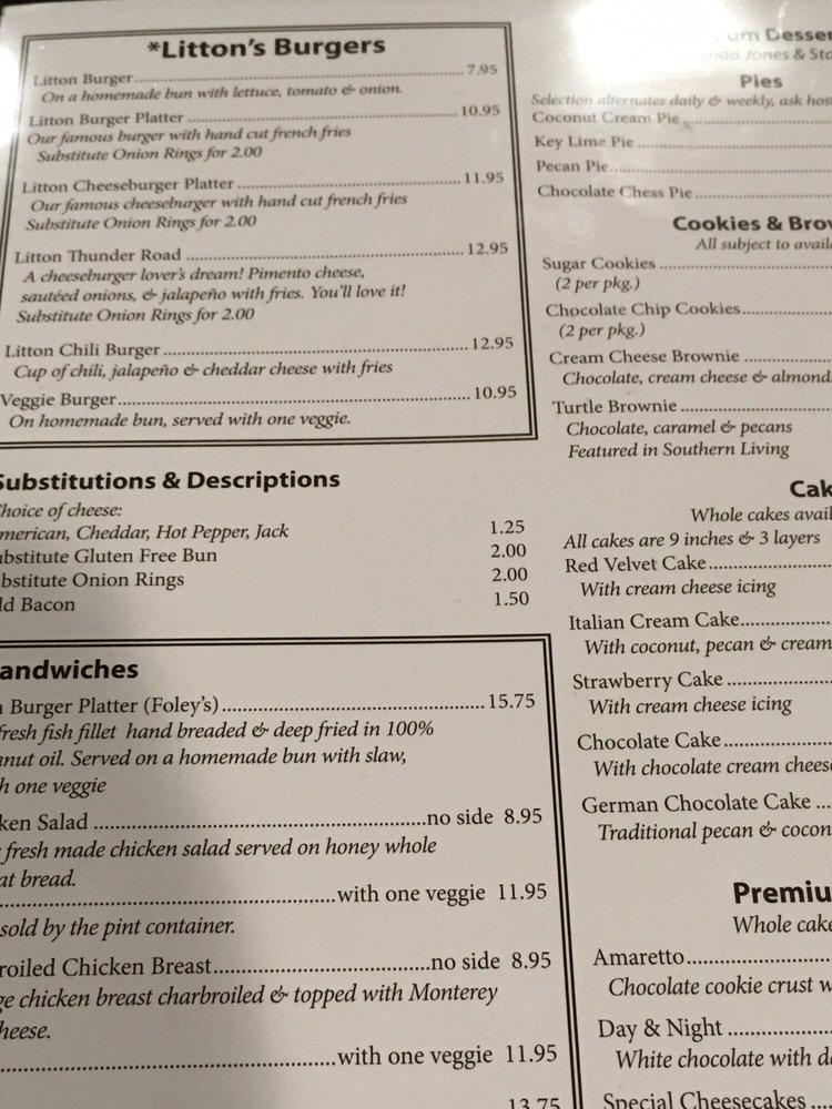 Menu at Litton's restaurant, Knoxville