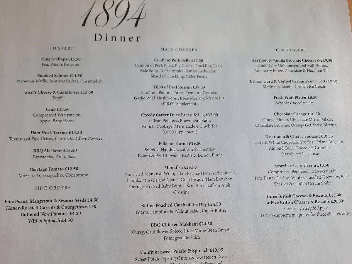 Menu at Restaurant 1894 at Carbis Bay Hotel, Saint Ives