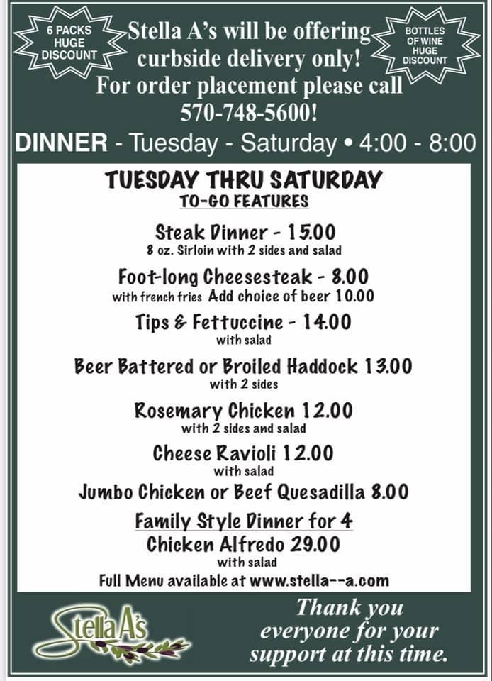 Menu at Stella A's restaurant, Lock Haven